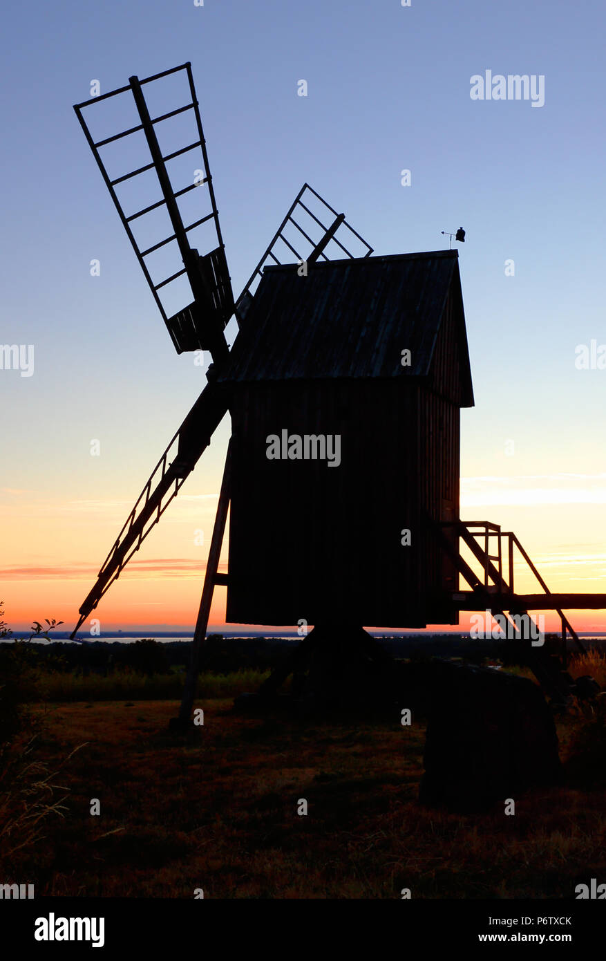 Windmill on the Swedish island Oland in silhouette at sunset Stock ...