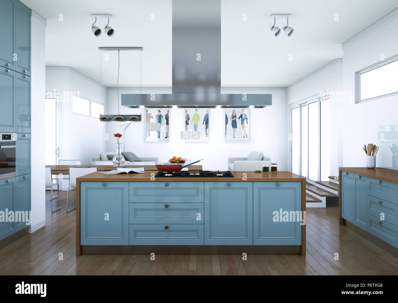 Blue modern kitchen interior design illustration Stock Photo - Alamy