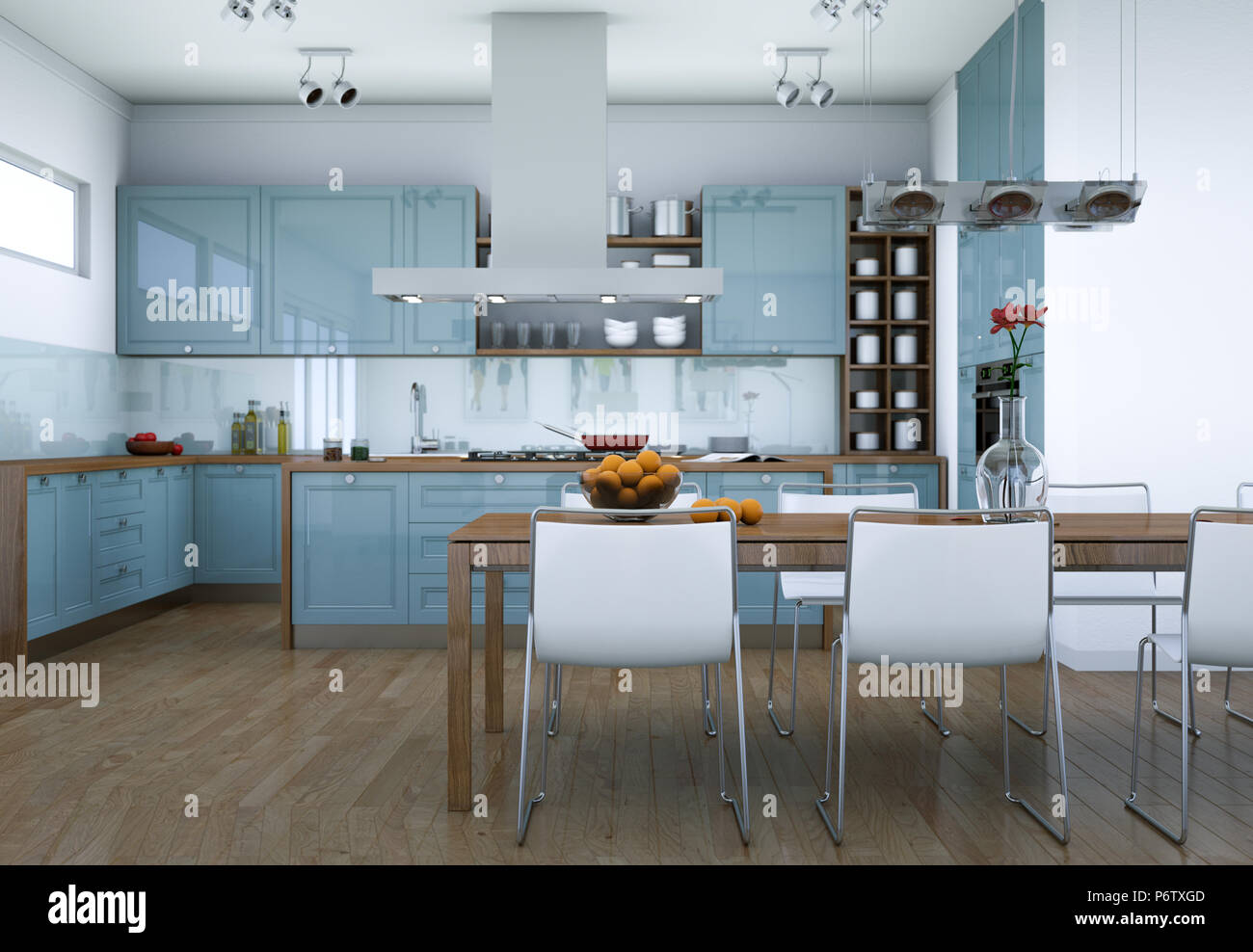 Blue modern kitchen interior design illustration Stock Photo - Alamy