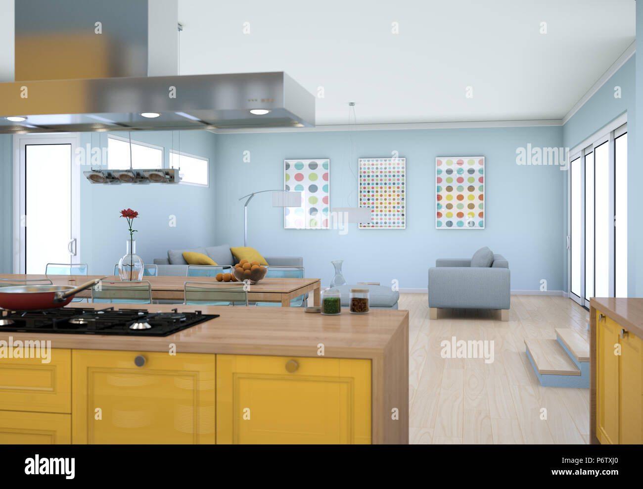 Yellow modern kitchen interior design illustration Stock Photo - Alamy