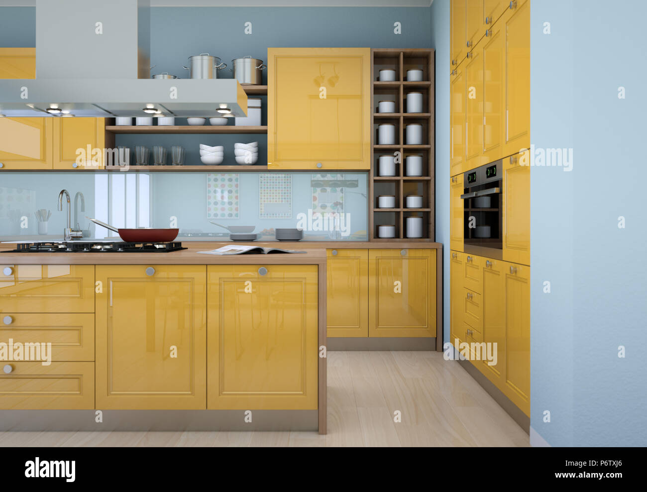 Yellow modern kitchen interior design illustration Stock Photo - Alamy