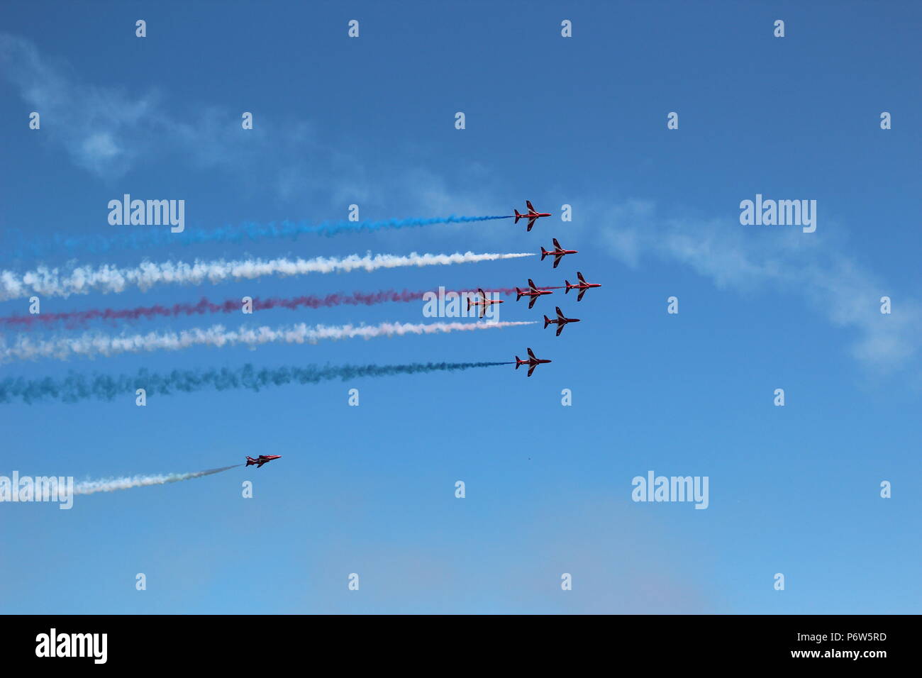 Armed Forces Day. Llandudno. The Red Arrows performing aerobatic Stock ...