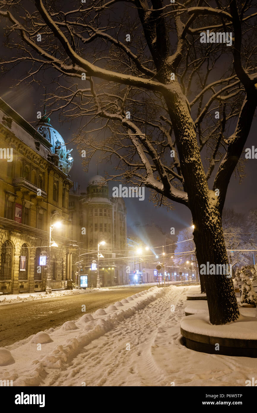 LVIV, UKRAINE - FEBRUARY 04, 2018: Beautiful night winter cityscape in ...