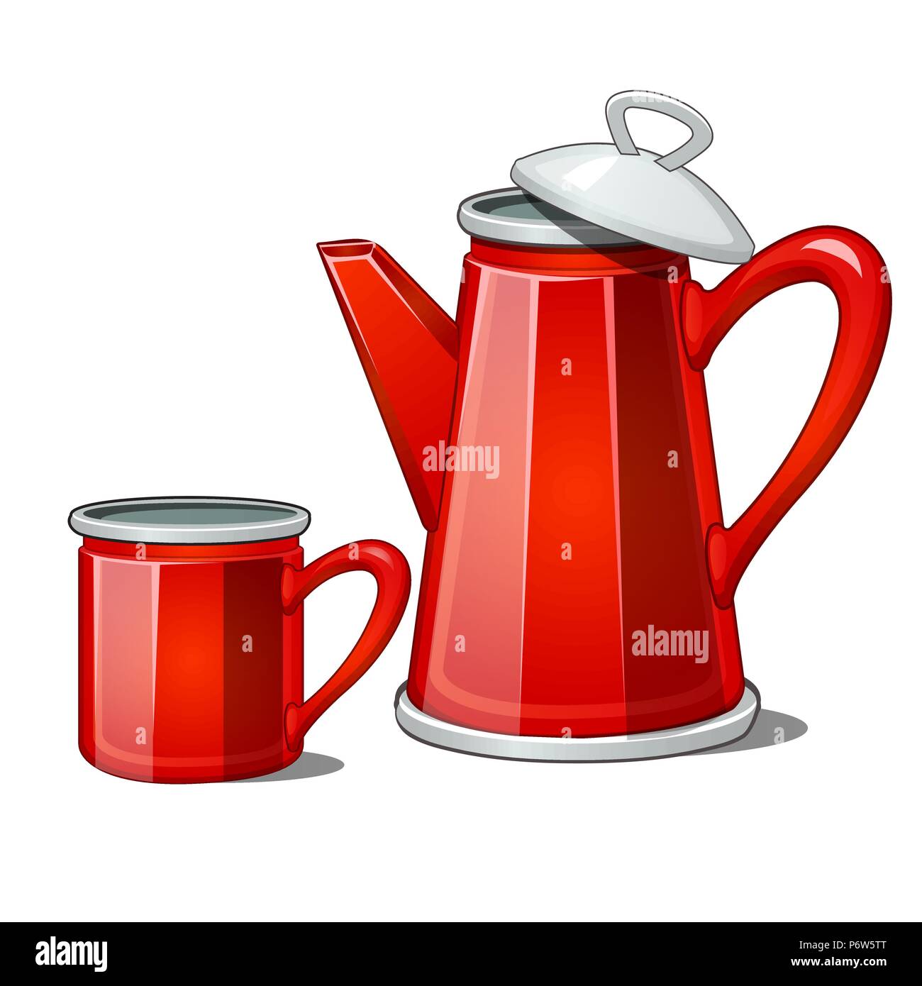 Red enamel teapot and mug isolated on white background. Vector cartoon ...