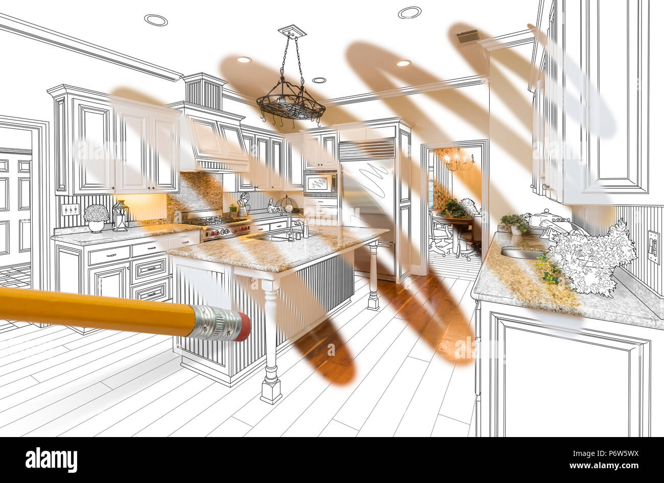 Pencil Erasing Drawing To Reveal Finished Custom Kitchen Design ...
