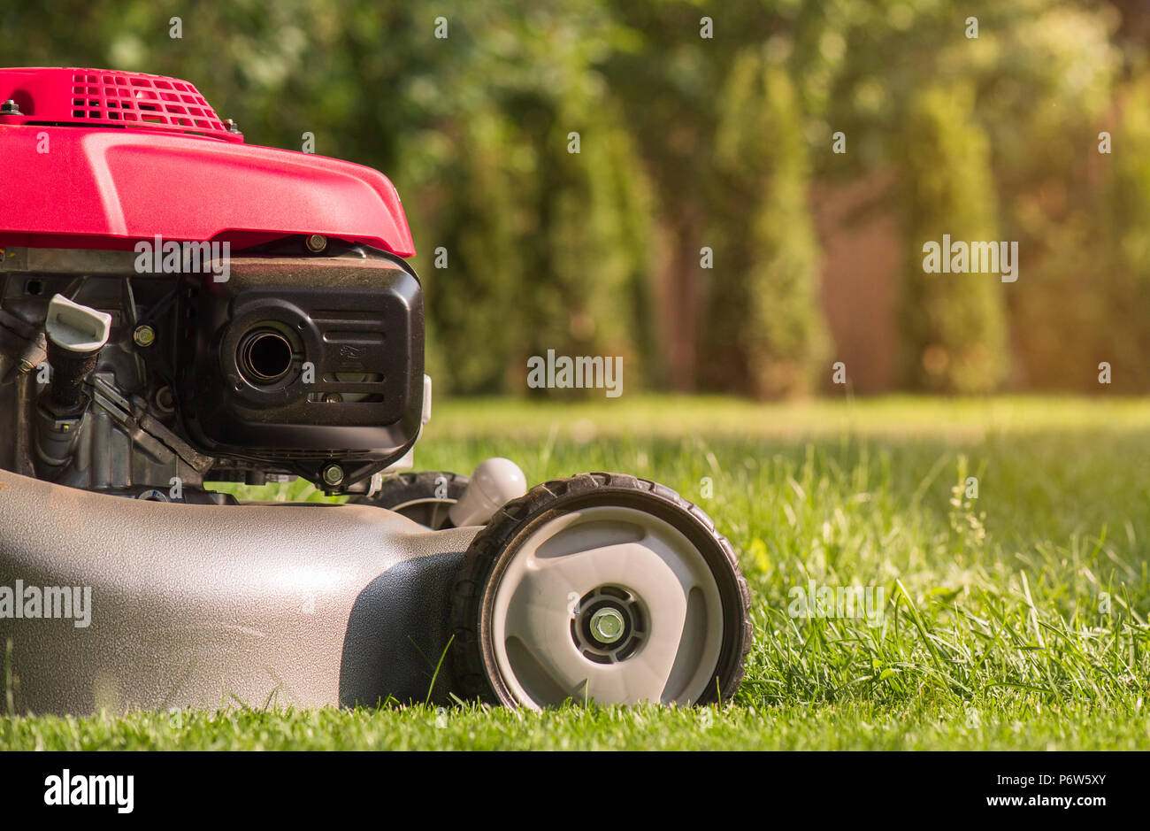 Red Lawn mower cutting grass Stock Photo - Alamy