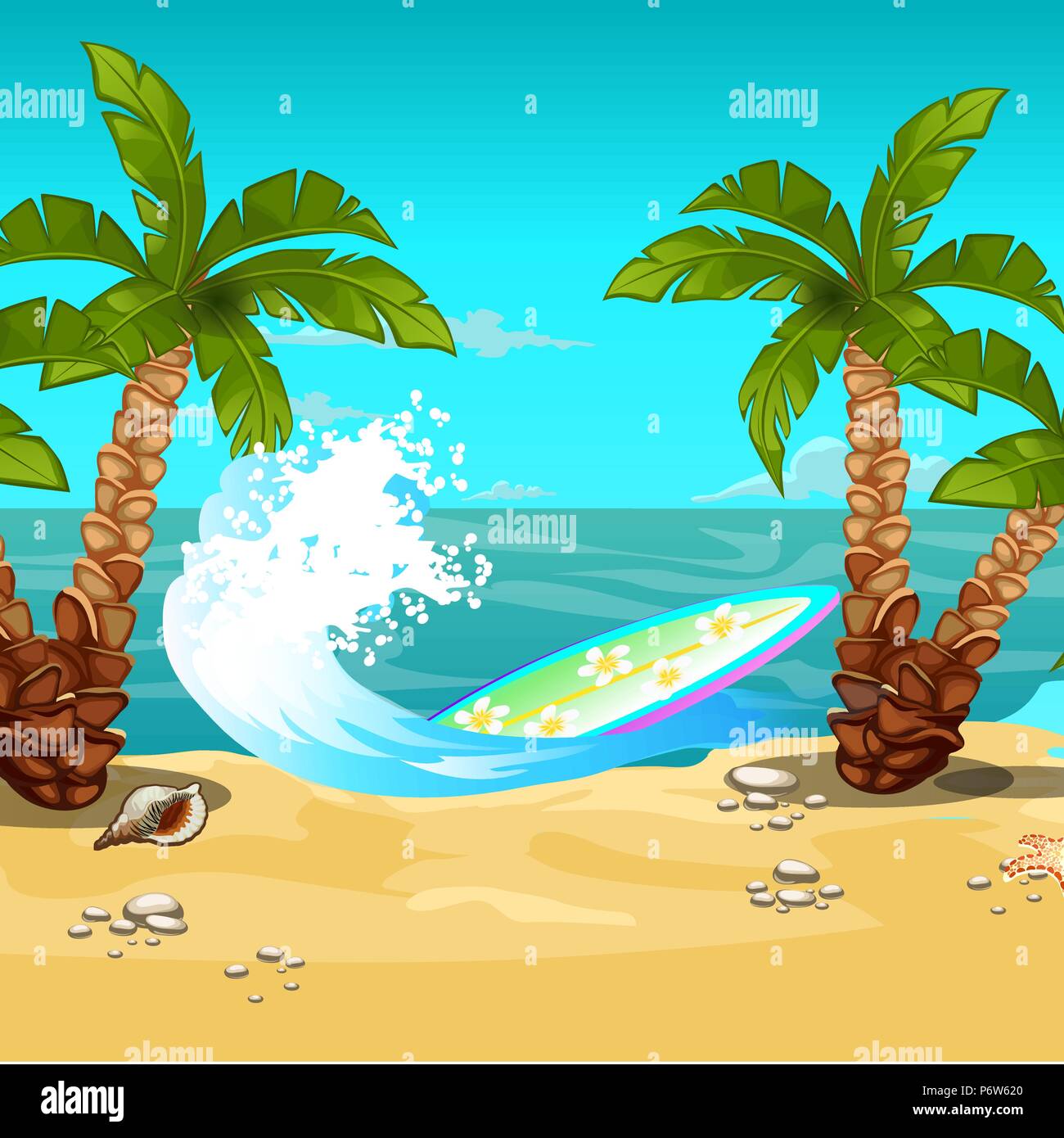 Tropical beach. Surfboard. Vector cartoon close-up illustration Stock ...