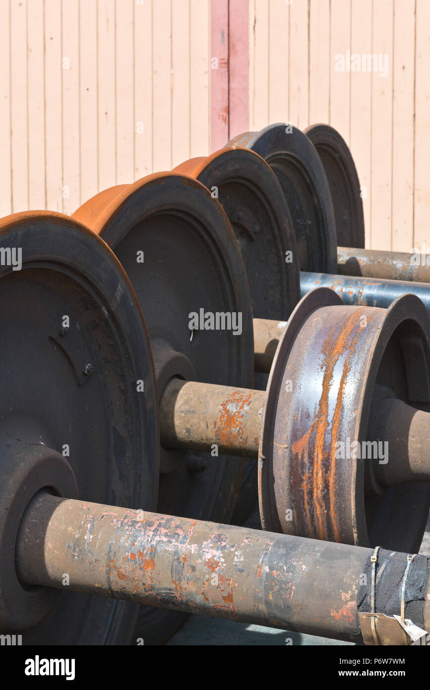 An assortment of train and rolling stock wheels outside the engine ...