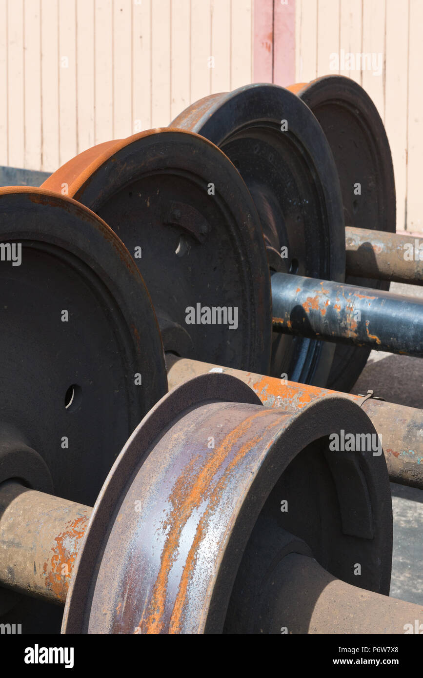 An assortment of train and rolling stock wheels outside the engine ...