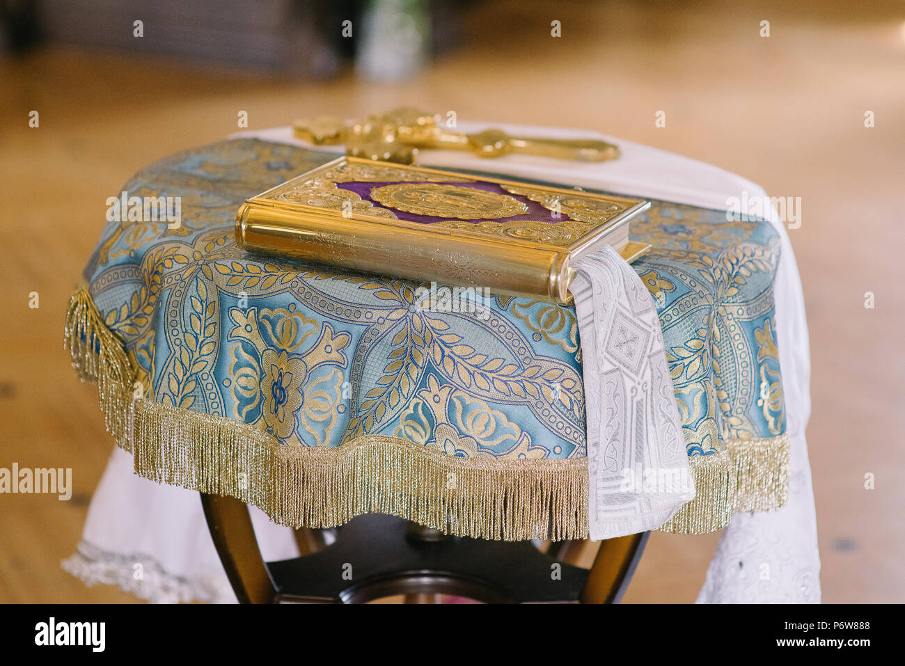 The church table with books. Sacred books and prayer book Stock Photo ...