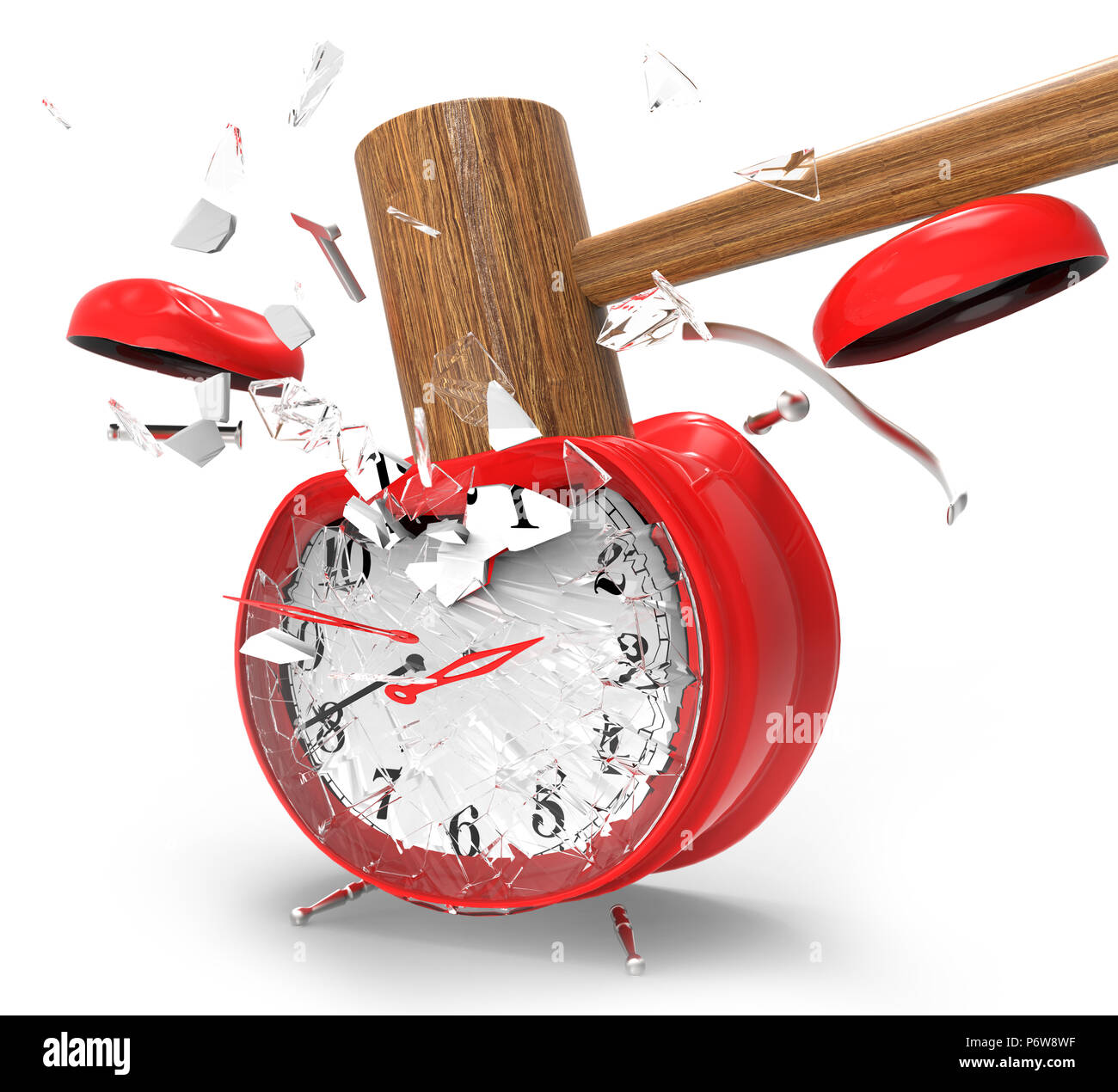Hammer hitting an alarm clock on a white background Stock Photo - Alamy