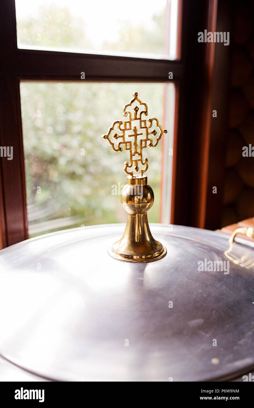 The gold forged cross, Christianity symbol. Orthodox attributes Stock ...