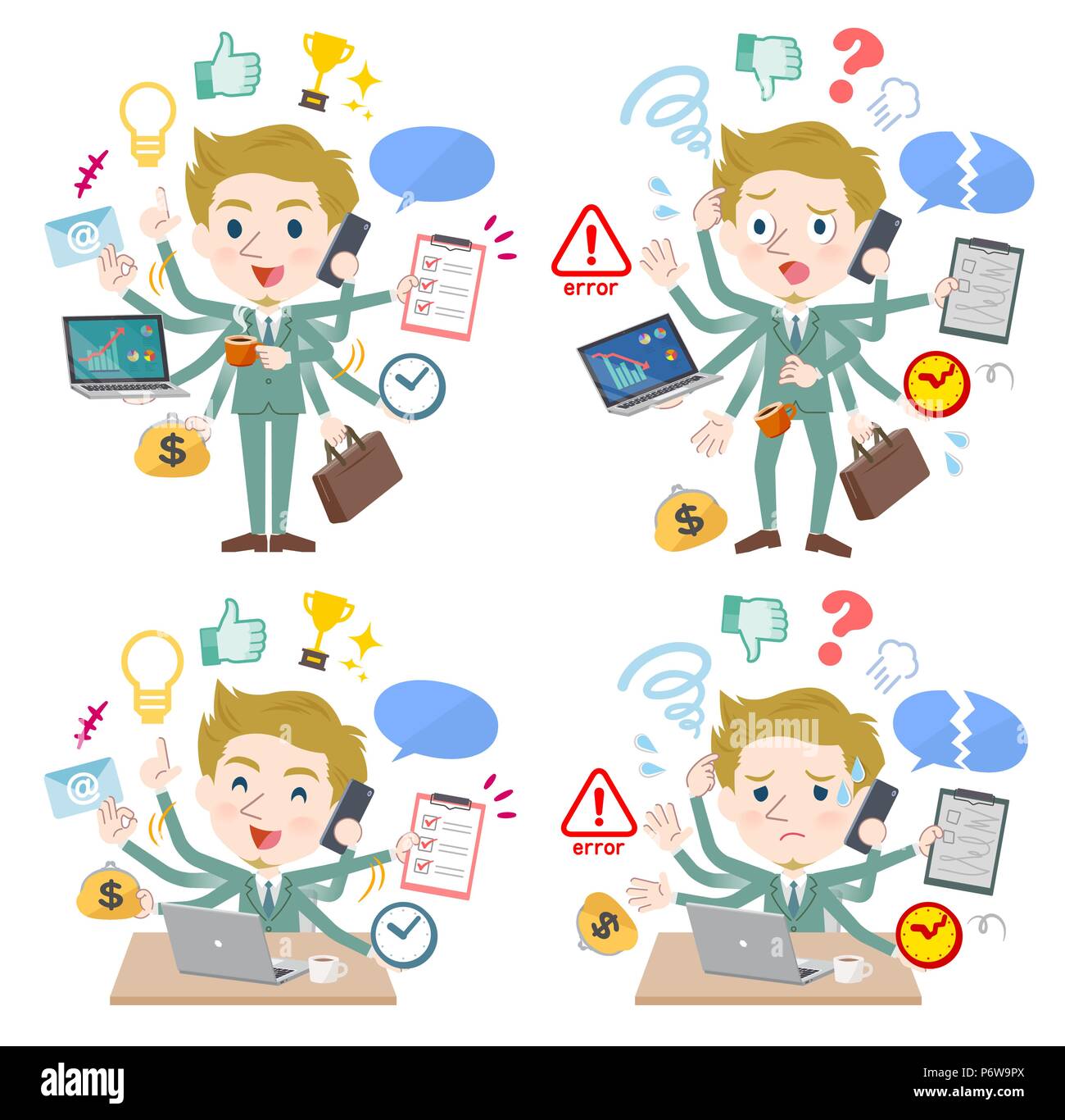 A set of men who perform multitasking in the office.There are things to ...