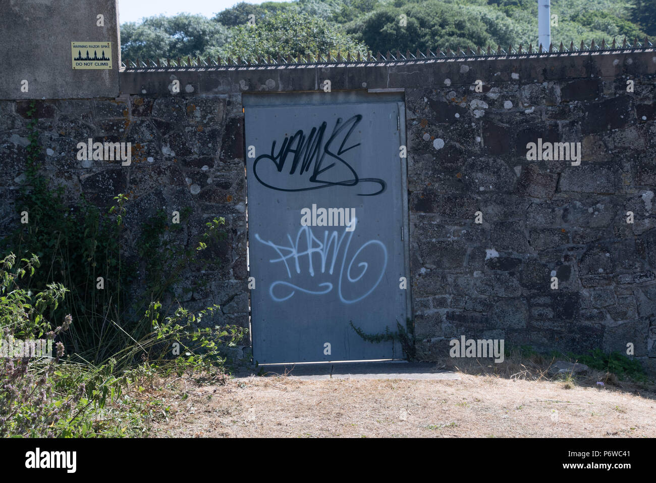 Graffiti defaces a gate in a wall Stock Photo - Alamy