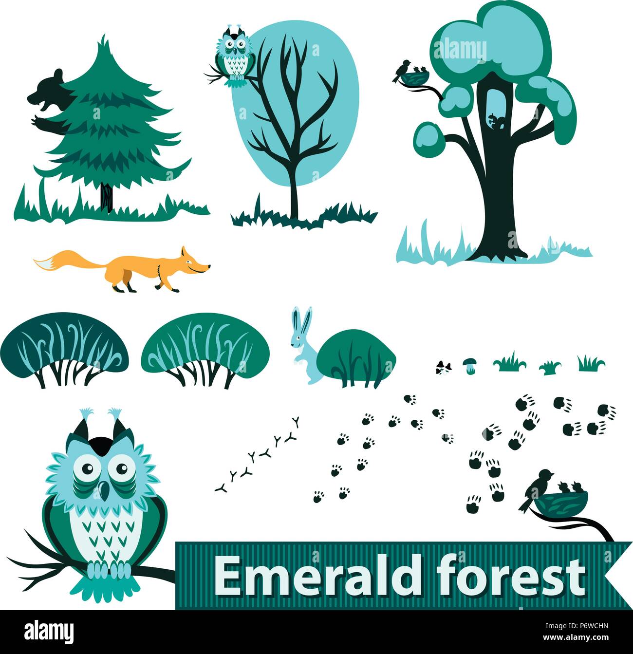 Set of vector elements from forest animals in the style of a card ...