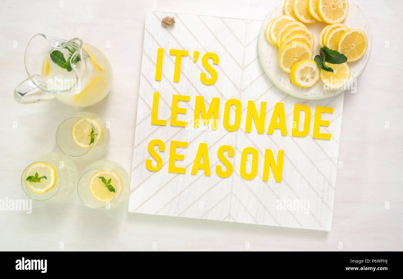 It's lemonade season wood sign with freshly sliced lemons on a wood ...