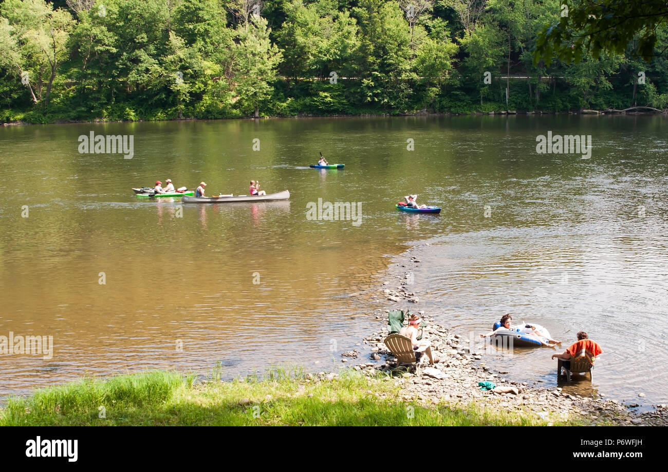 A group of people kayaking and enjoying sitting by the Allegheny River ...