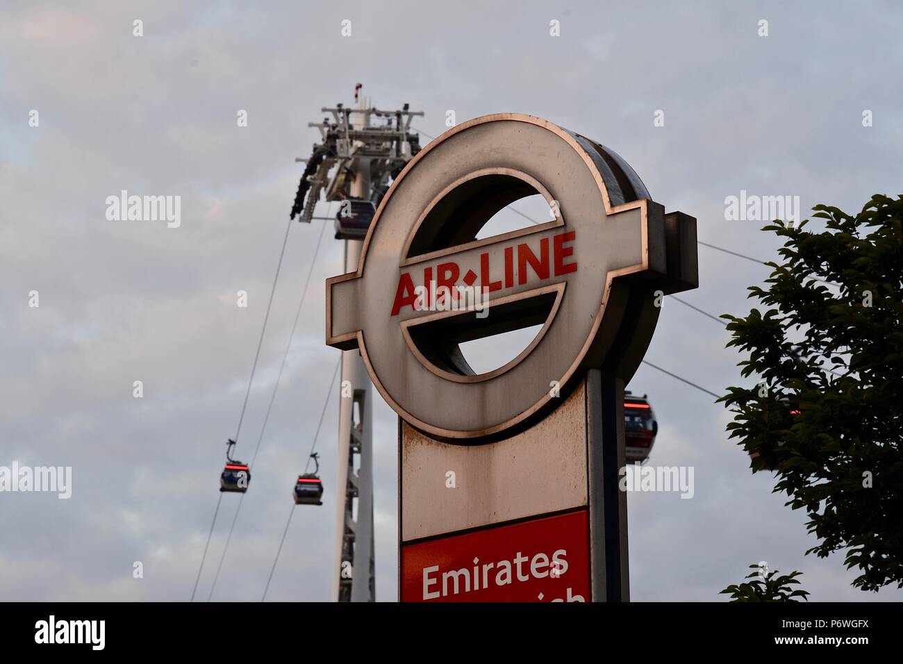 The Air Line sky tram above the River Thames between the London ...
