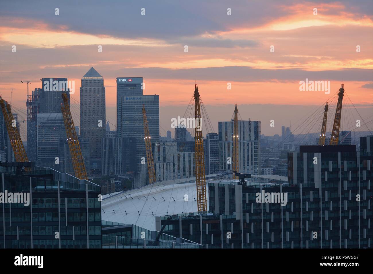 The Canary Wharf skyline and O2 Stadium as seen from the Air Line sky ...