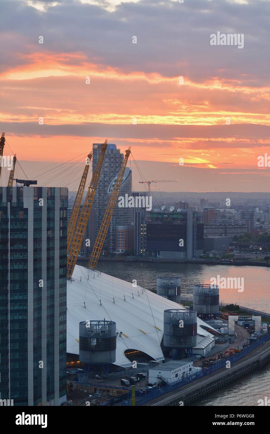 The Canary Wharf skyline and O2 Stadium as seen from the Air Line sky ...