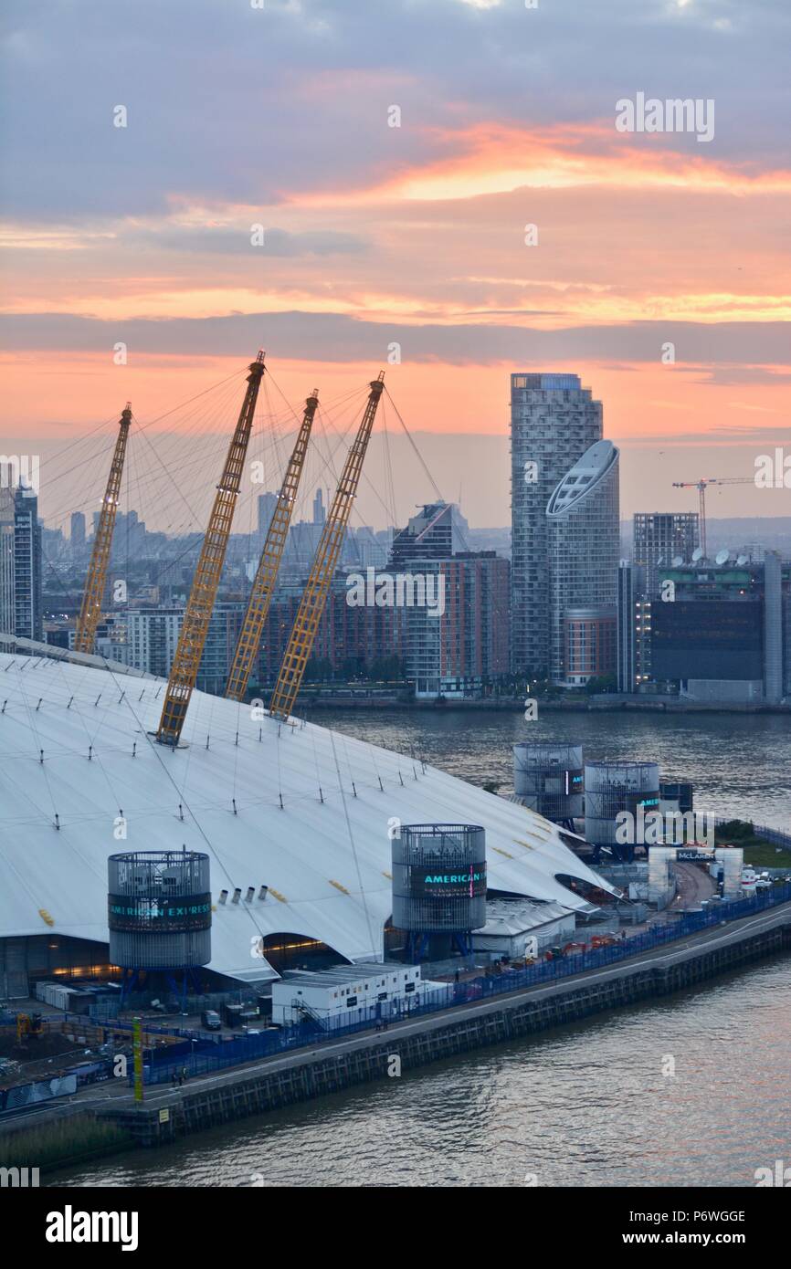 The Canary Wharf skyline and O2 Stadium as seen from the Air Line sky ...