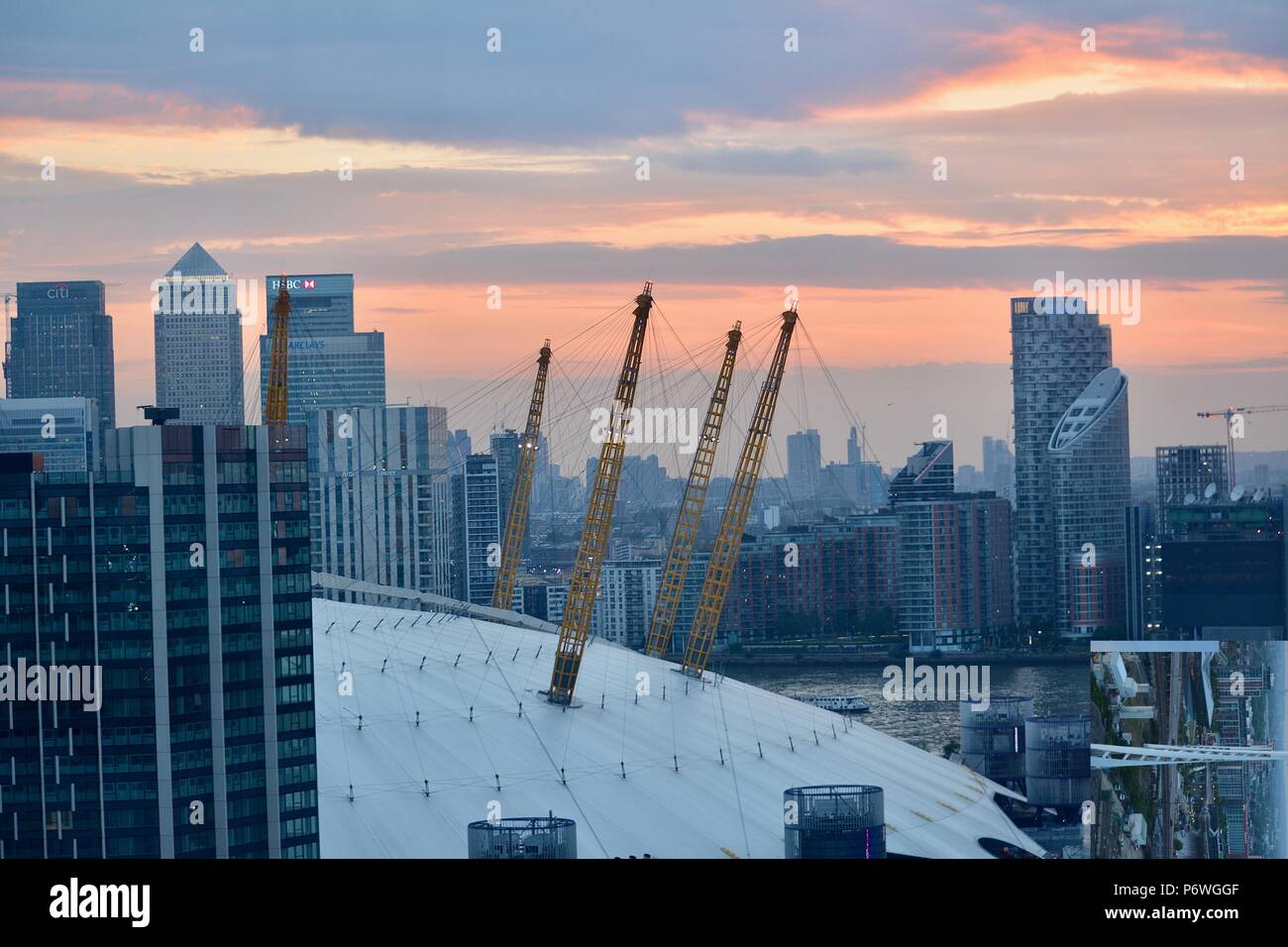 The Canary Wharf skyline and O2 Stadium as seen from the Air Line sky ...
