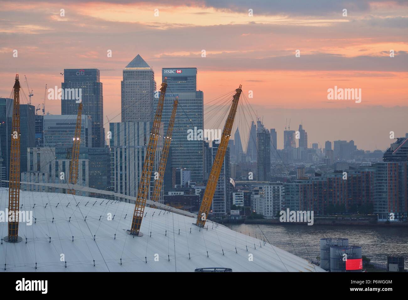 The Canary Wharf skyline and O2 Stadium as seen from the Air Line sky ...