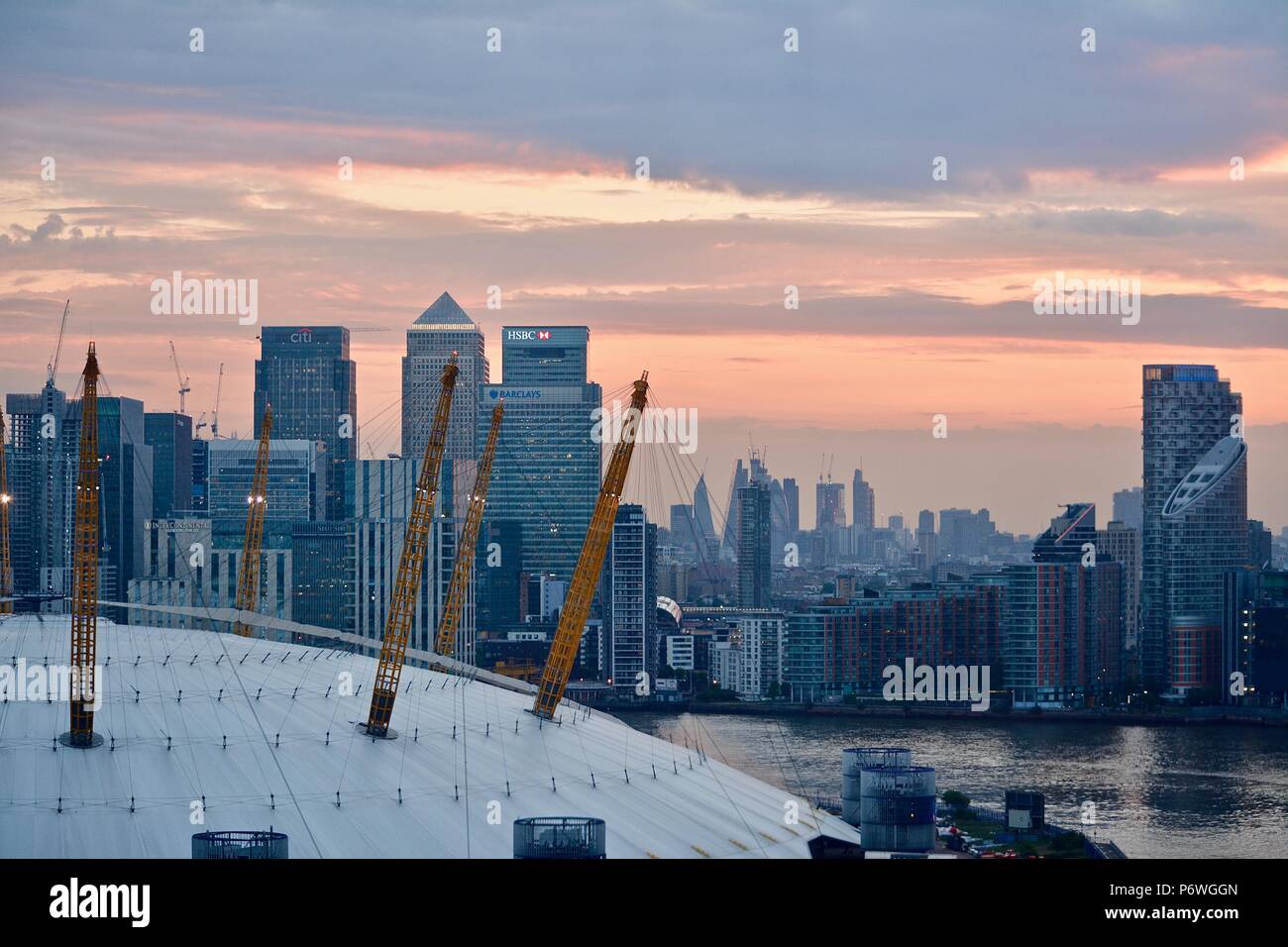 The Canary Wharf skyline and O2 Stadium as seen from the Air Line sky ...