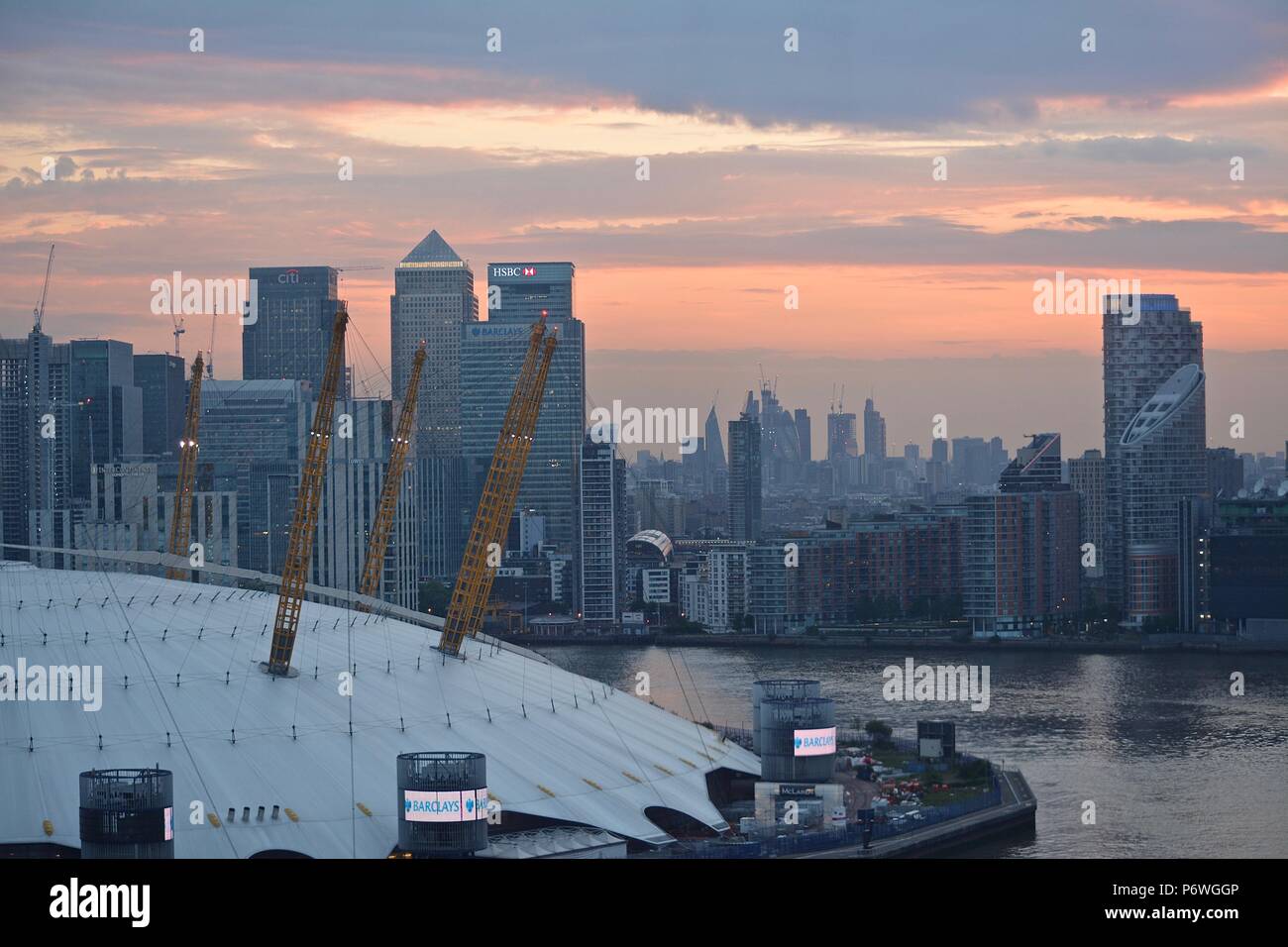 The Canary Wharf skyline and O2 Stadium as seen from the Air Line sky ...