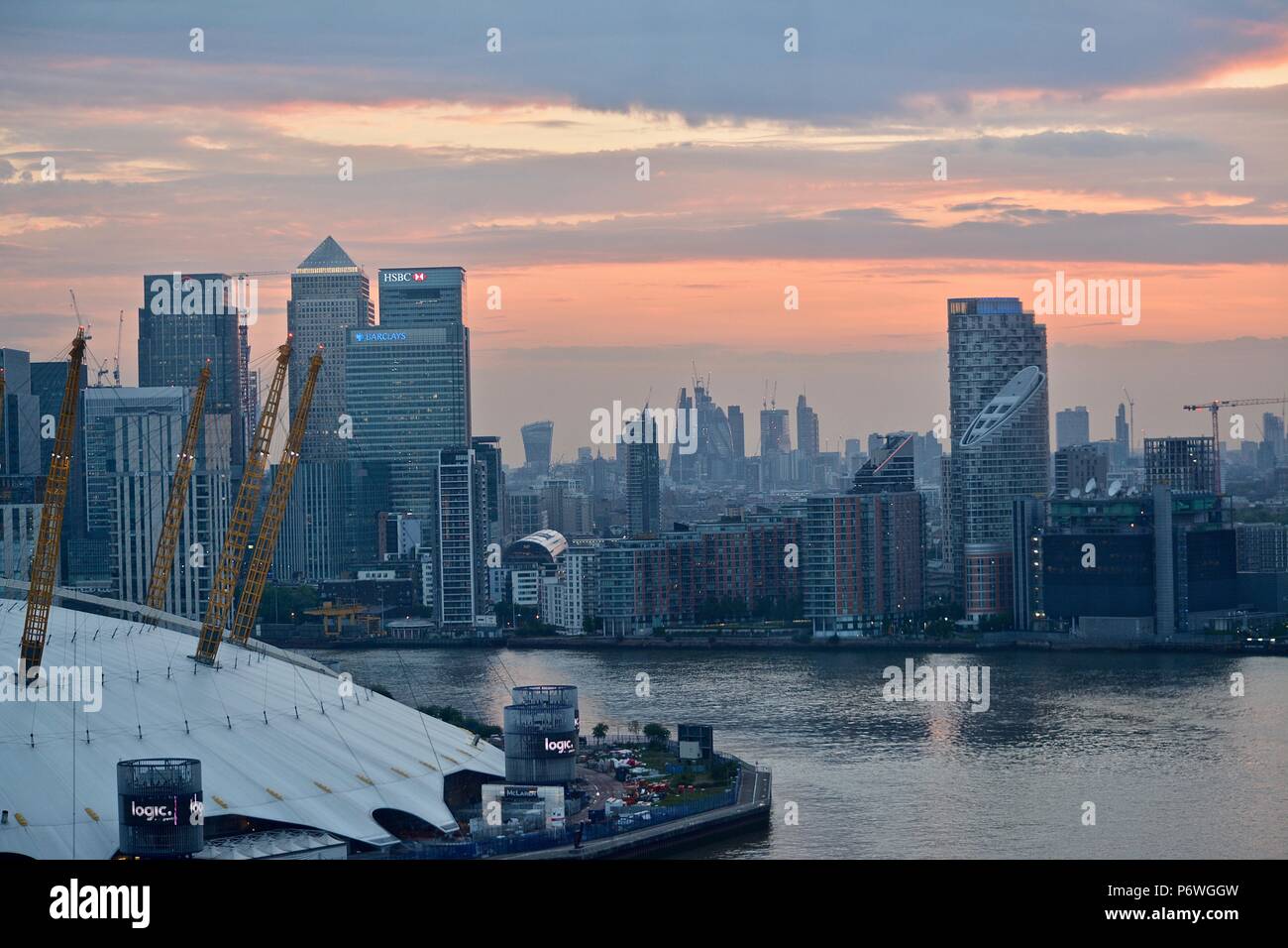 The Canary Wharf skyline and O2 Stadium as seen from the Air Line sky ...