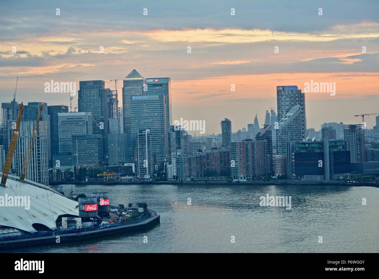 The Canary Wharf skyline and O2 Stadium as seen from the Air Line sky ...