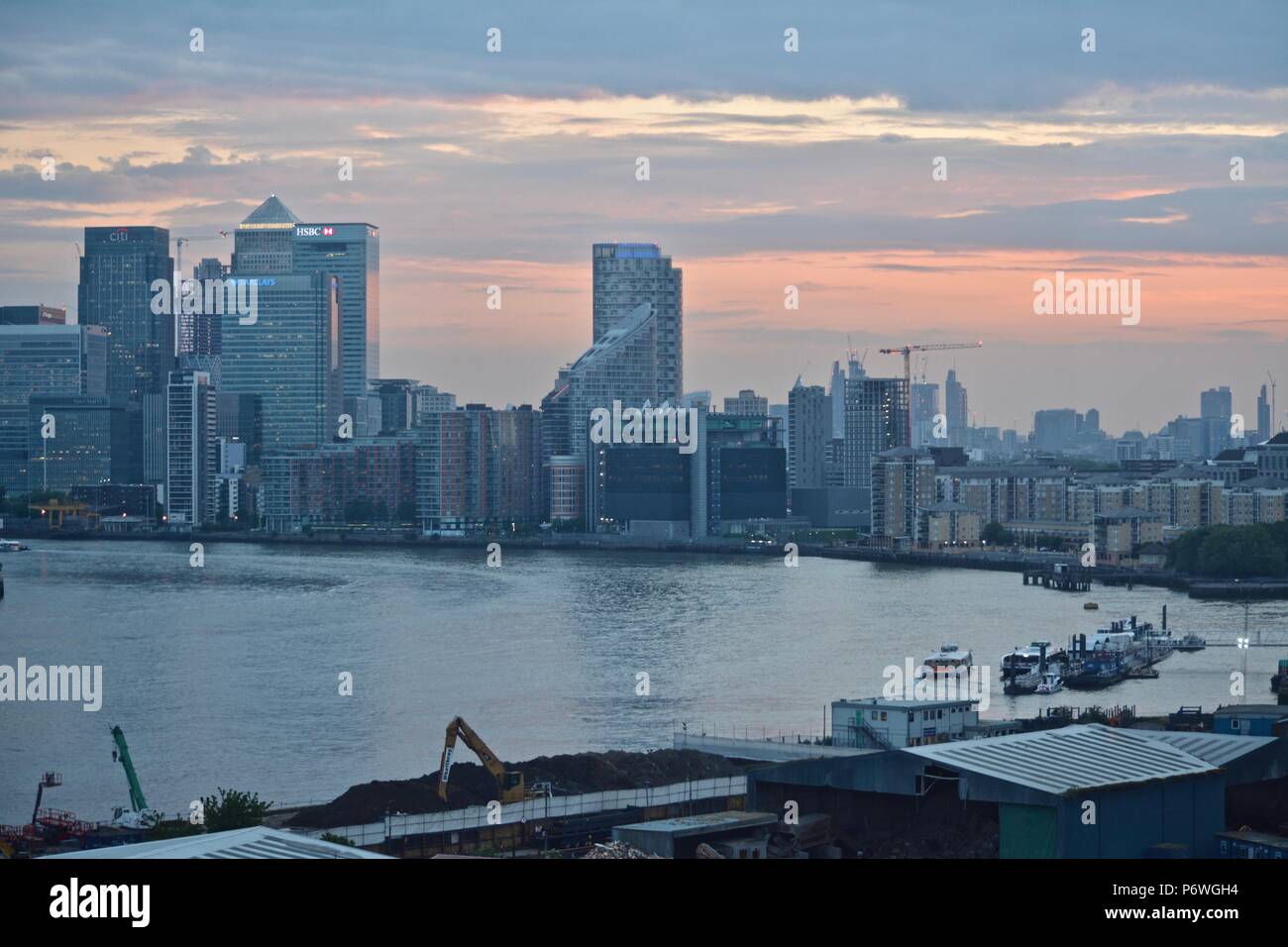 The Canary Wharf skyline and O2 Stadium as seen from the Air Line sky ...