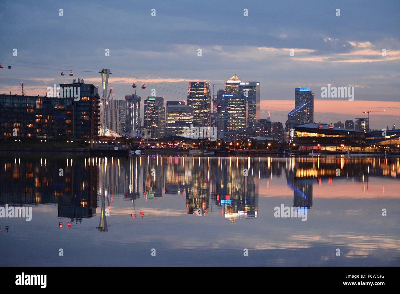 View of the City of London skyline, Canary Wharf skyline, the Air Line ...