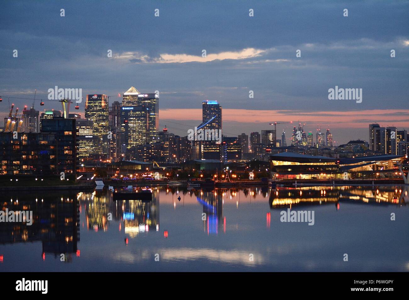 Long exposure of river thames and o2 arena at dusk hi-res stock ...