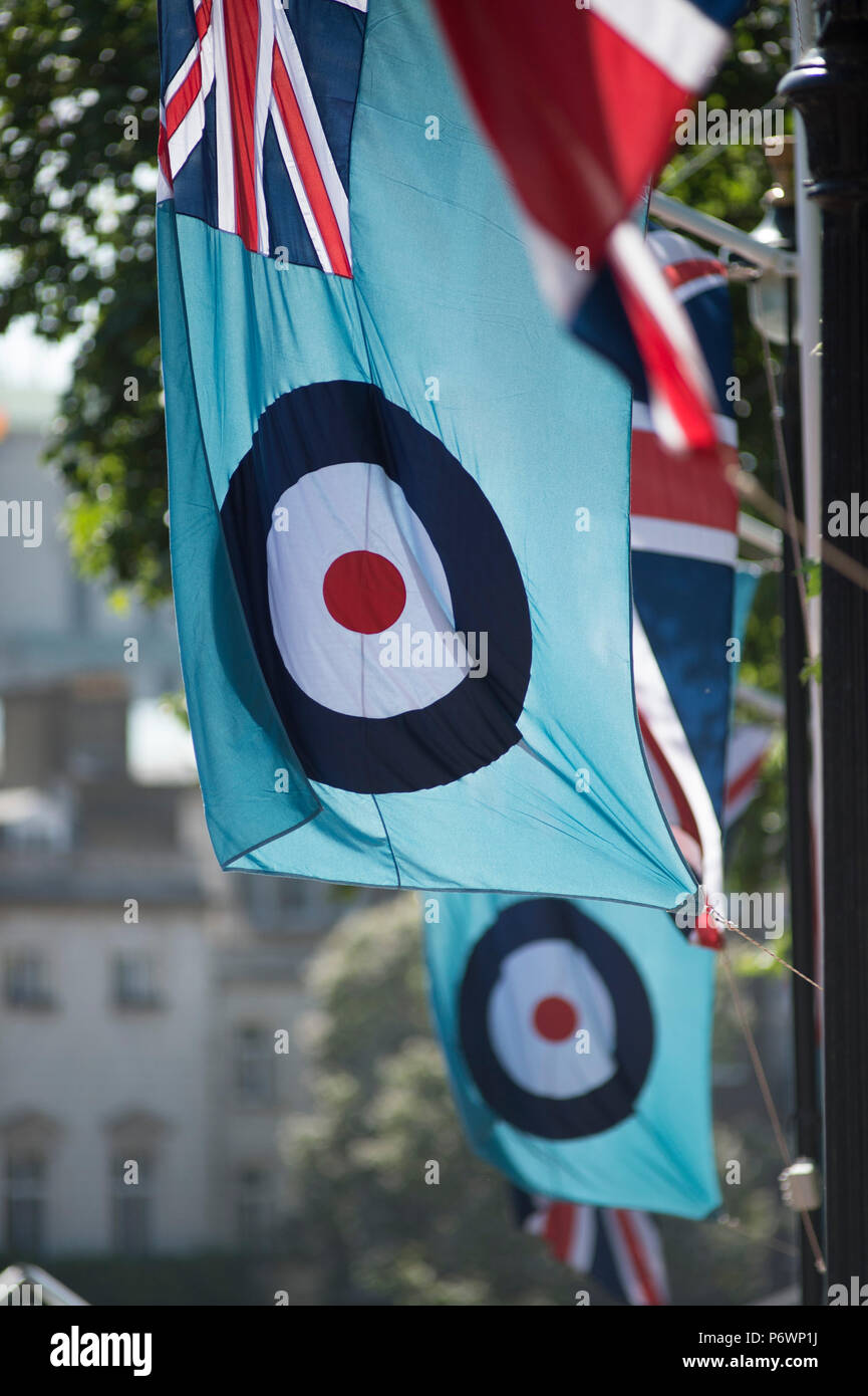 The Mall, London, UK. 3 July, 2018. The RAF Roundel flies from flags ...