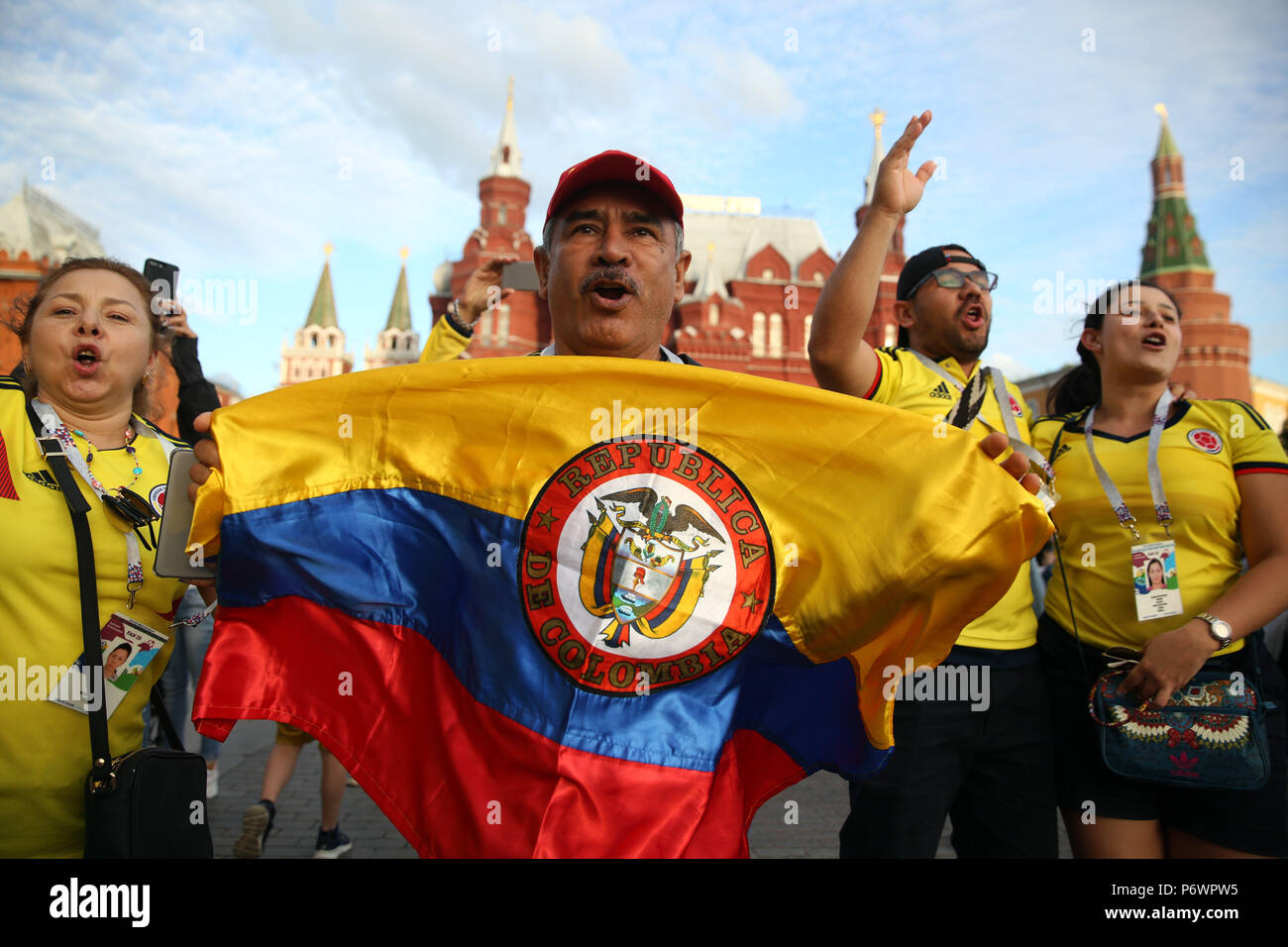 Moscow, Russia. 2nd July 2018. Colombian fans dance and sing in the ...
