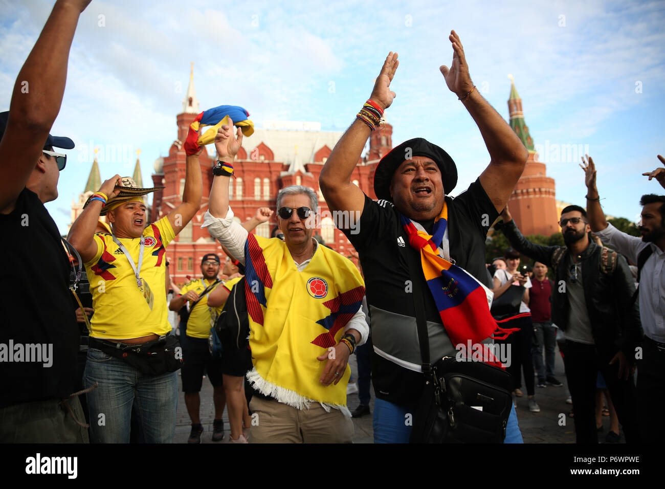 Moscow, Russia. 2nd July 2018. Colombian fans dance and sing in the ...