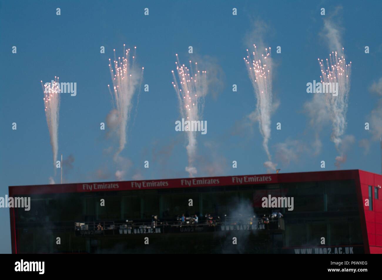 Manchester, England, 3 July 2018. Pyrotechnics from the media centre ...