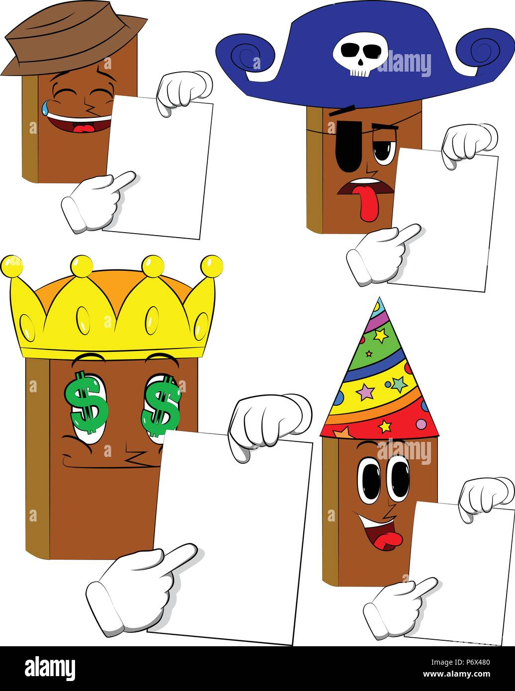 Books holding white paper and pointing at it. Cartoon book collection ...