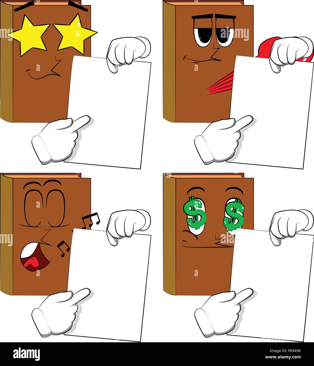 Books holding white paper and pointing at it. Cartoon book collection ...