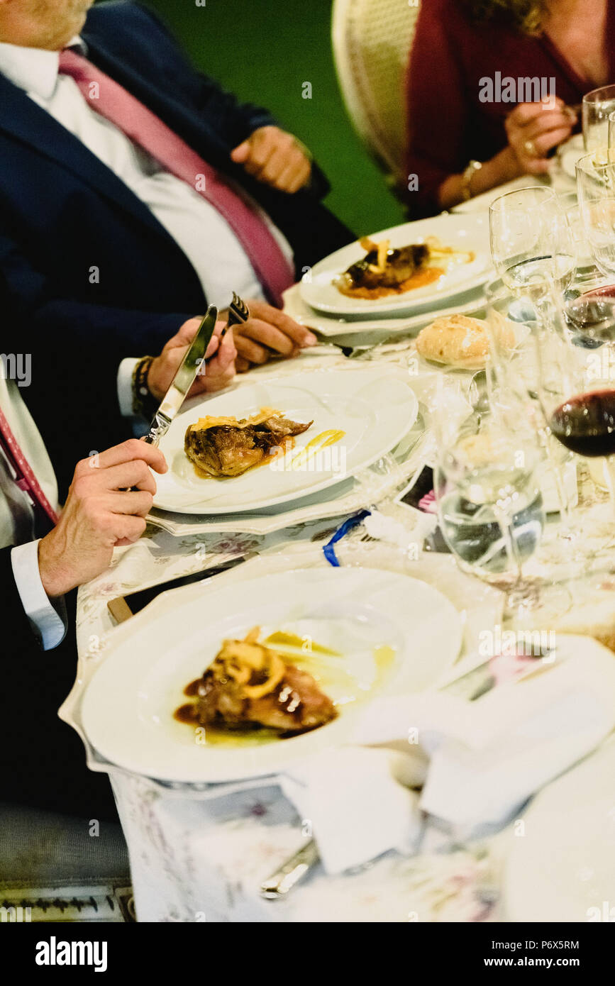 View from above of a table during the dinner of an event or wedding ...
