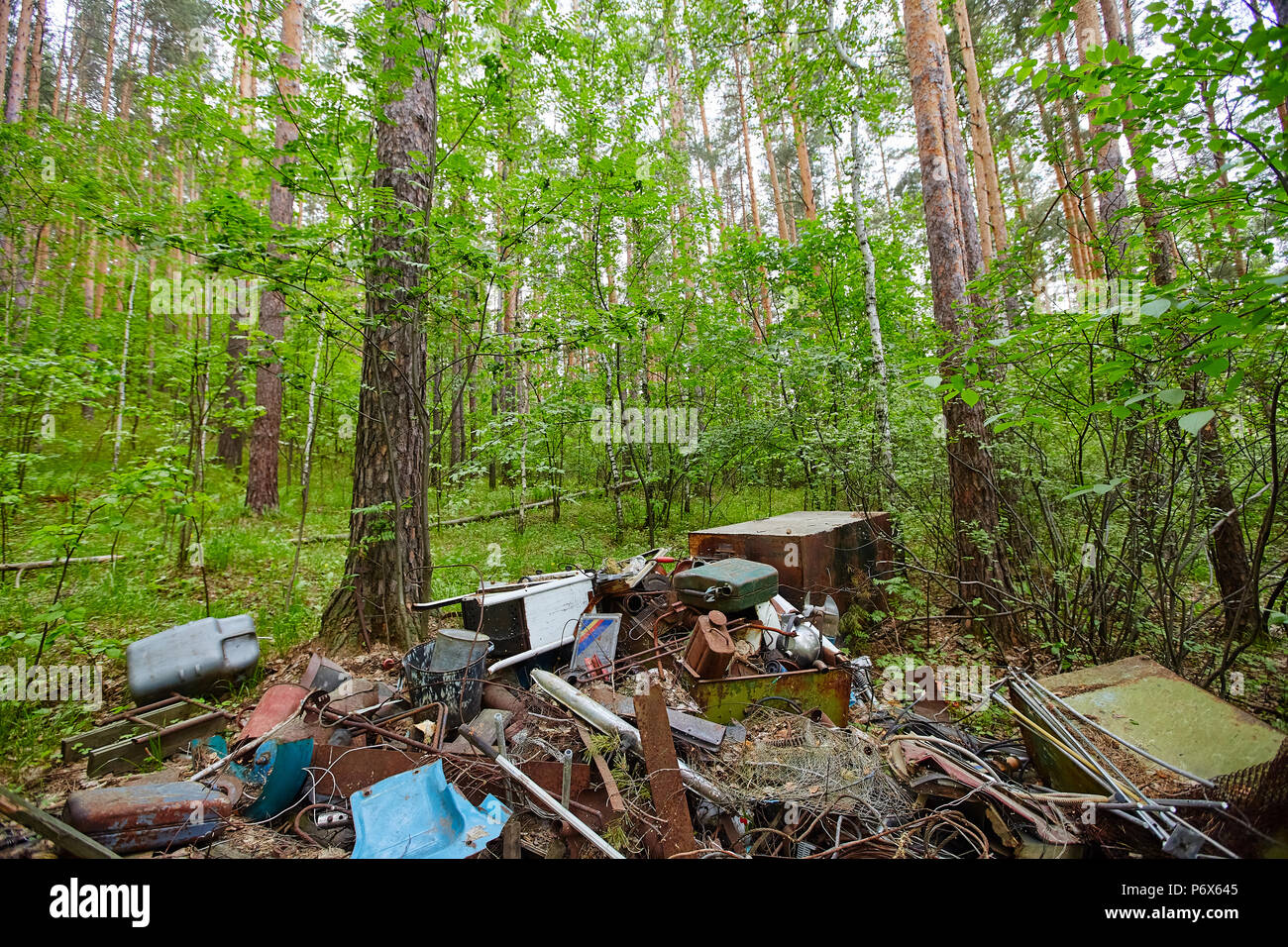 Dump old metal objects in the woods, rusty scrap metal. Environmental ...