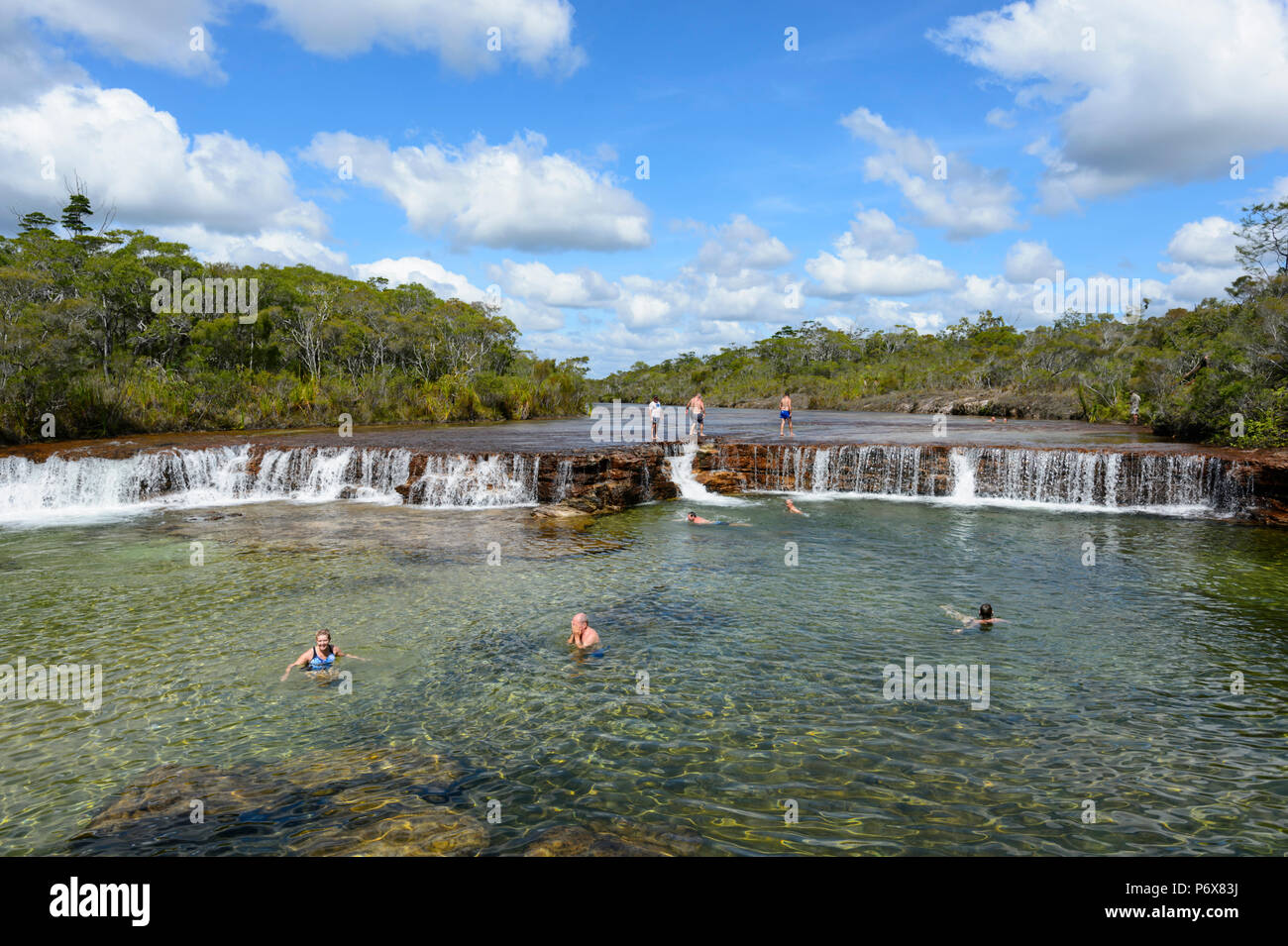 Tourists swimming at picturesque Fruit Bat Falls, a population ...