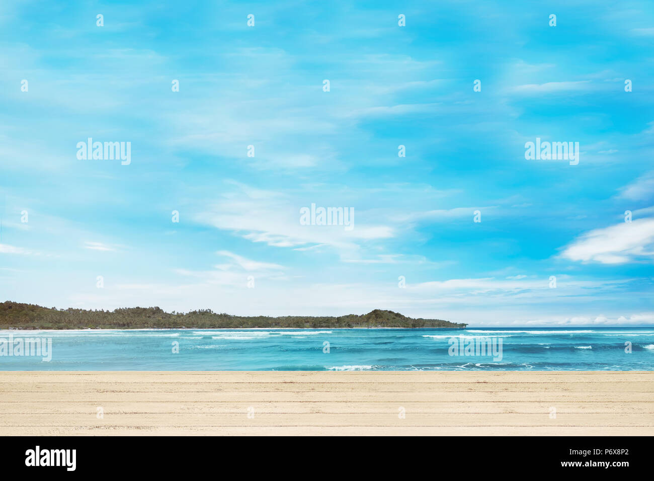 Wooden dock with blue ocean view background Stock Photo - Alamy