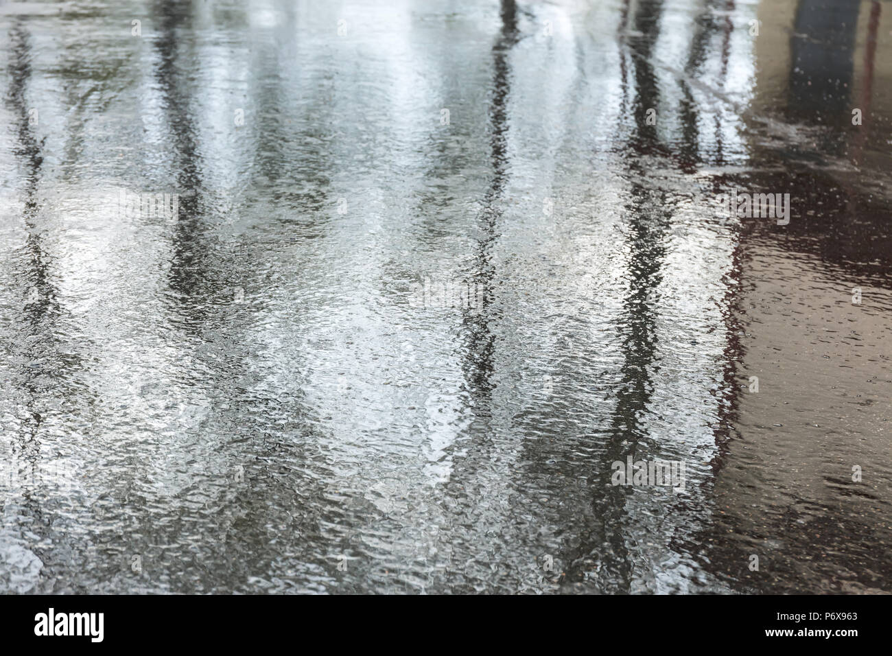 big water puddle in the street during heavy rain. sky and trees ...