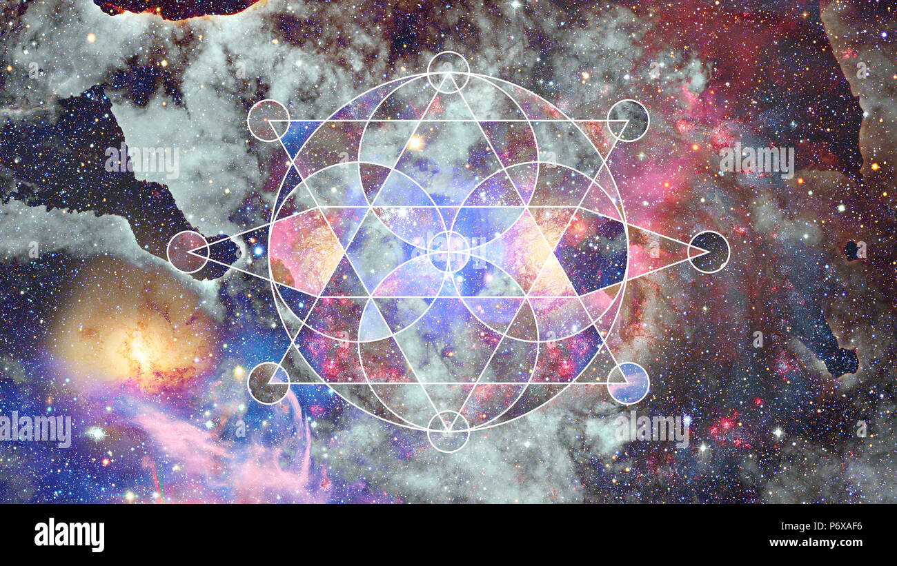 Abstract cosmos geometric background with polygons, triangles, stars ...