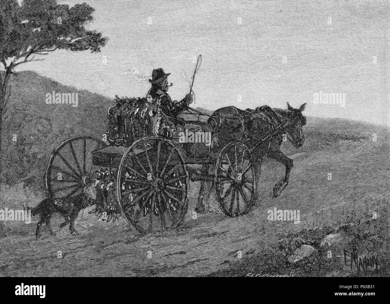 Engraving of a rabbit hunter taking away a cartload of rabbits in ...