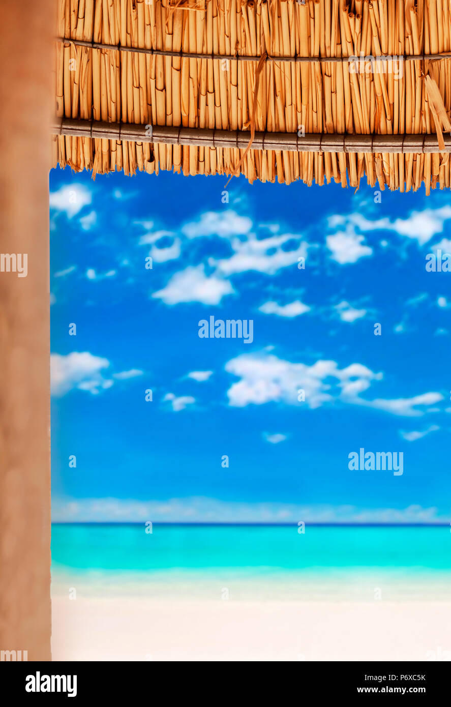 Reed umbrellas beach Stock Photo - Alamy