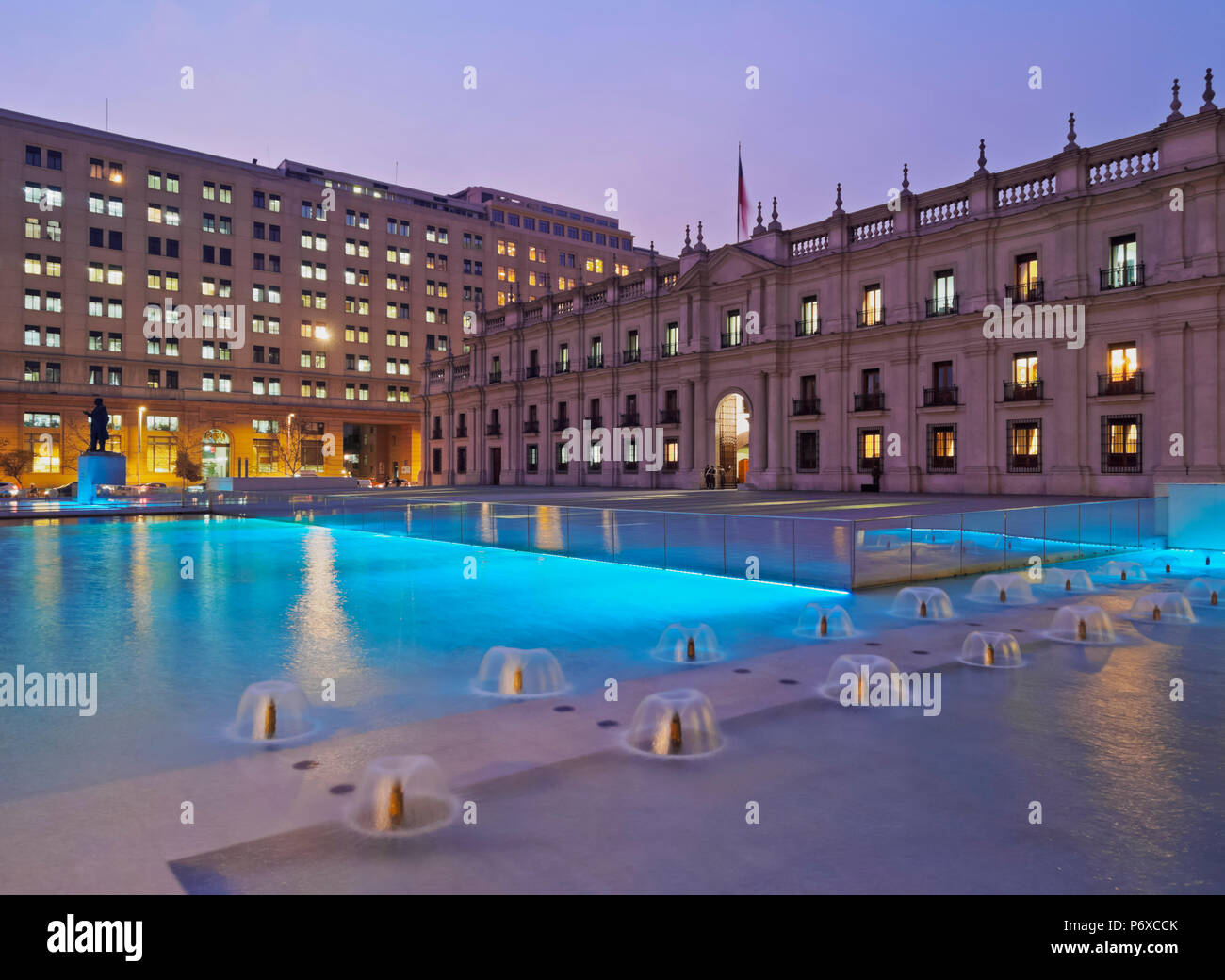 Chile, Santiago, Twilight view of La Moneda Palace from the Plaza de la ...