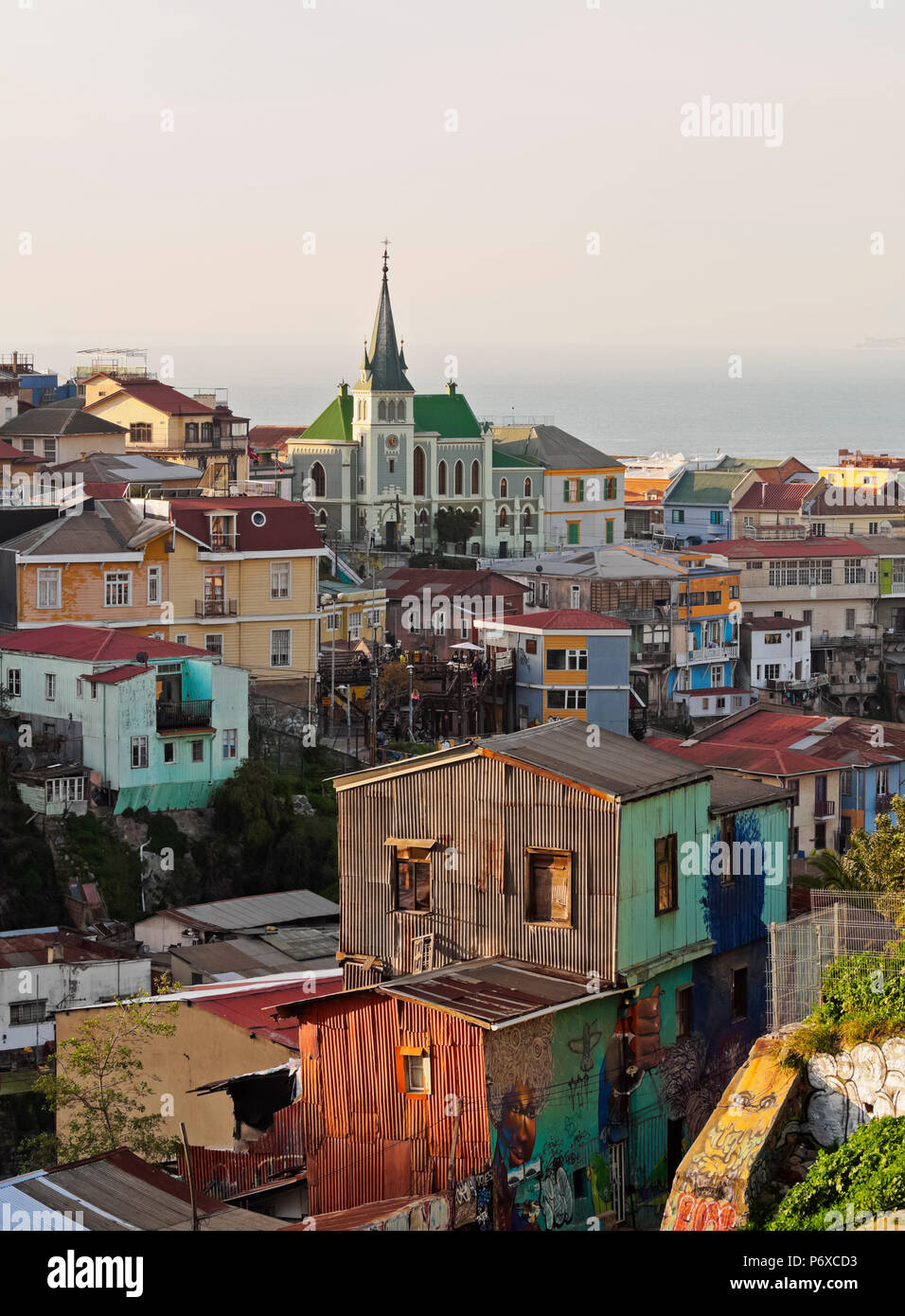 Chile, Valparaiso, Elevated view of the historic quarter Cerro ...